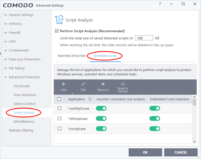 Xcitium Enterprise | Comodo Client Security - Script Analysis Settings | Comodo